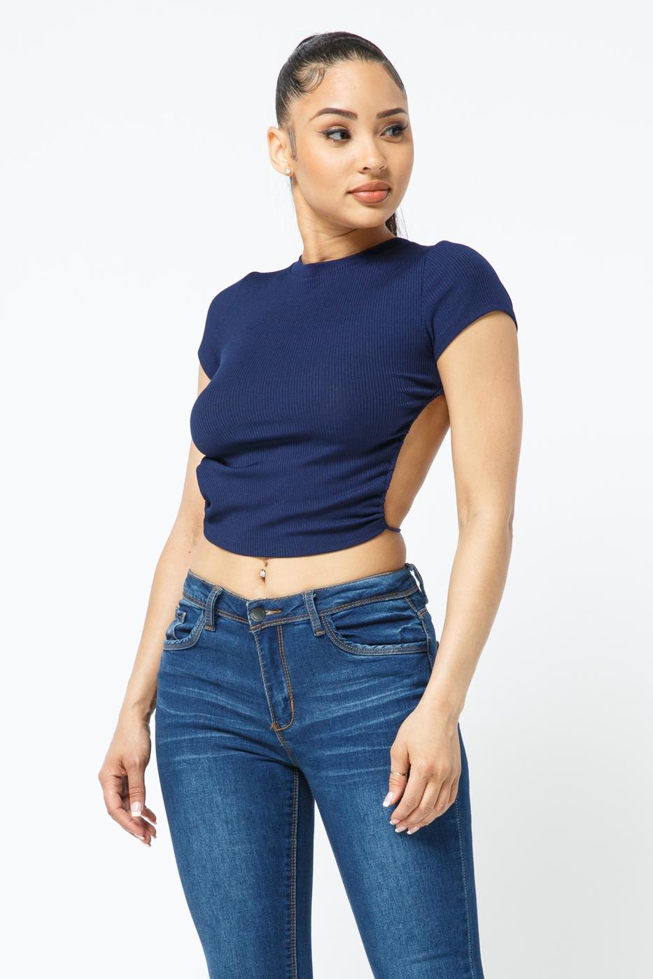 RIB OPEN BACK STRING TIE CROP TOP - The Clozz Store